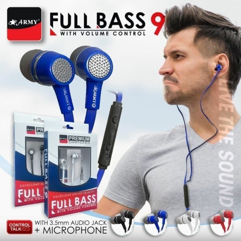 Jual Headset / Handsfree Army Full Bass 9 + Volume Control Universal ...