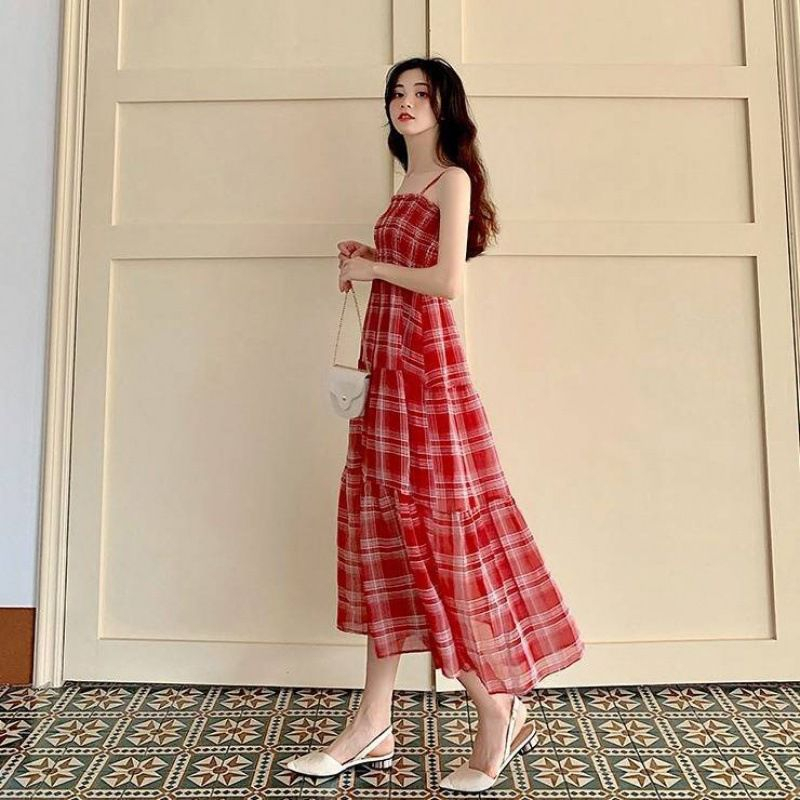 Jual [vipedia] Dress Panjang Karet Merah Kuning Motif Kotak-Kotak U Can ...