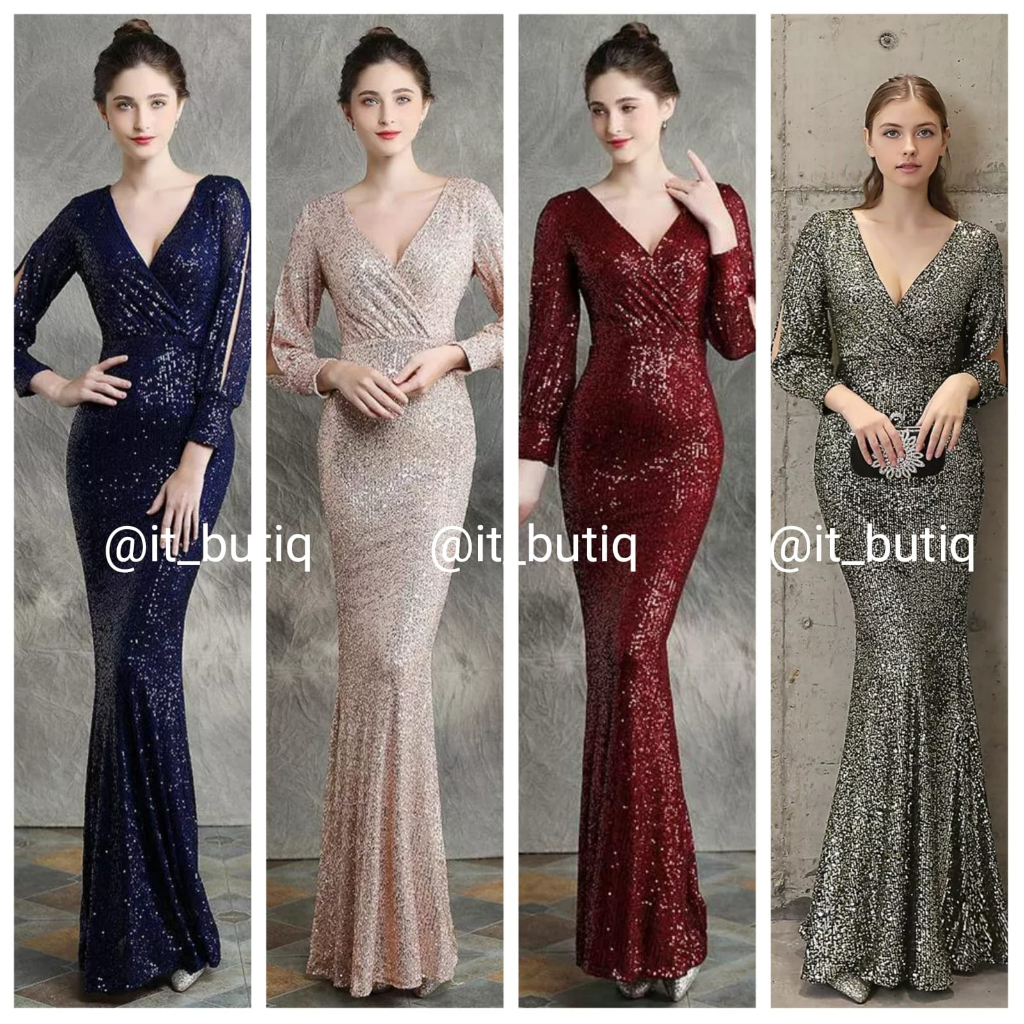 Jual Longdress sequin lengan panjang navy silver merah maroon gaun ...
