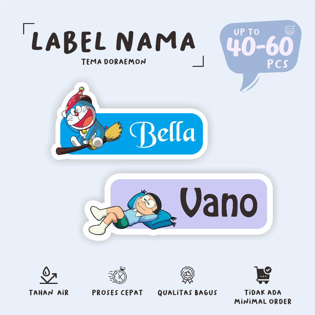 Jual (40 - 60 pcs)cetak label nama lucu DORAEMON murah/custom nama suka ...