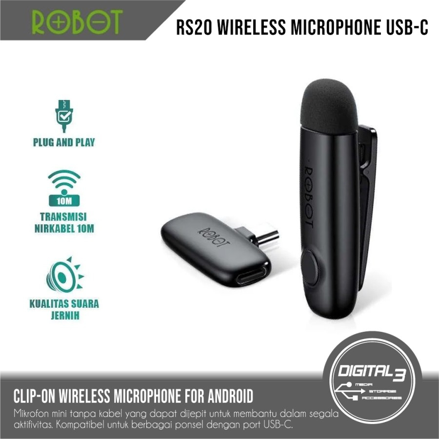 Jual Robot RS20 Wireless Mic Clip On USB-C Microphone Bluetooth Android ...