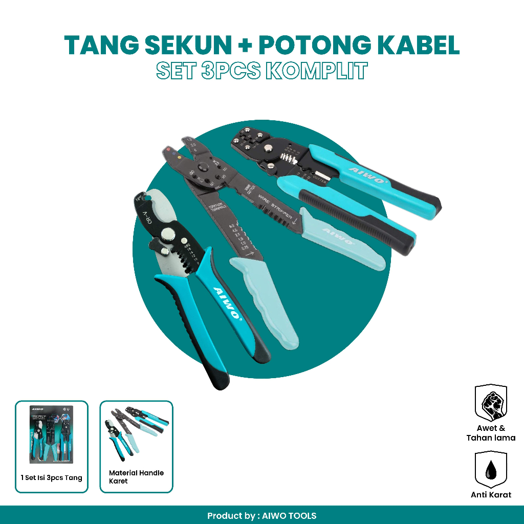 Jual AIWO TOOLS TANG SEKUN + POTONG KABEL SET 3PCS KOMPLIT | Shopee ...