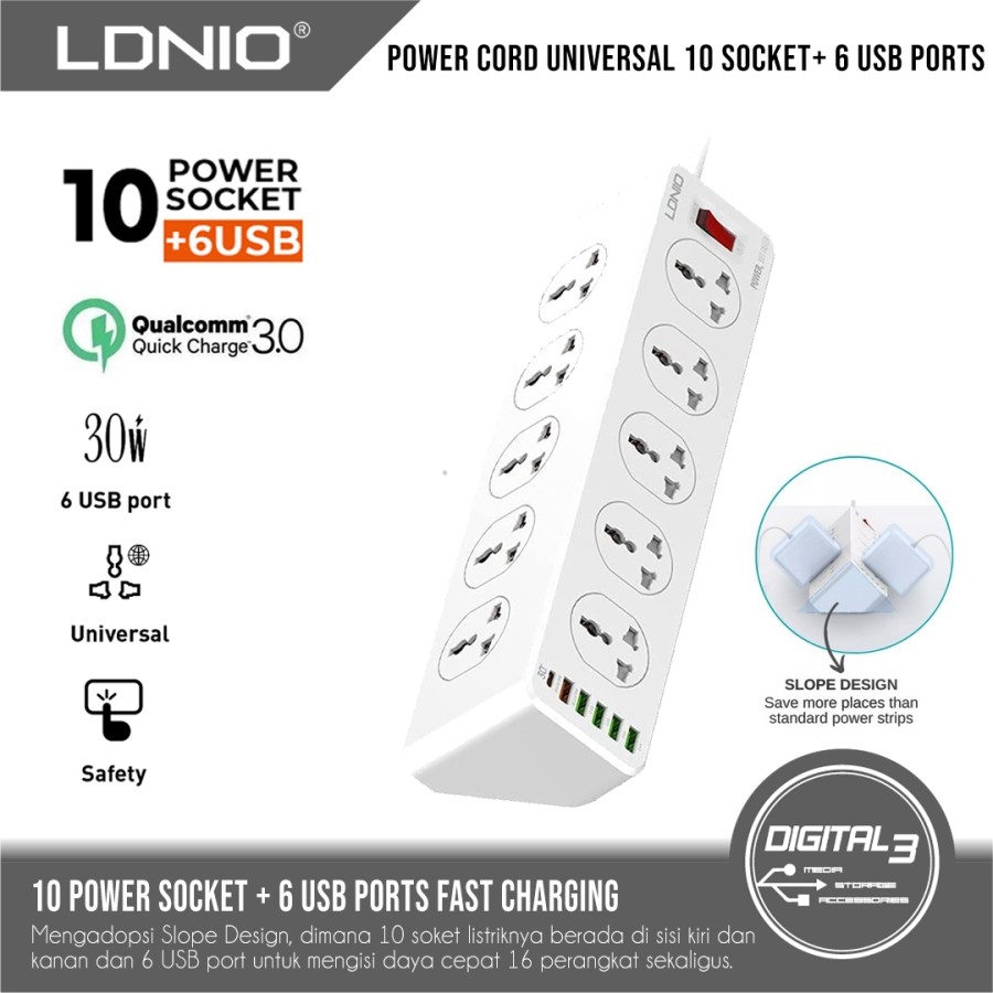 Jual LDNIO SC10610 Stop Kontak 10 Socket Power Strip 6 port USB Charger ...