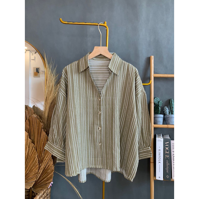 Jual Dhea Stripe Shirt Blouse (kemeja crinkle kancing premium pastel ...