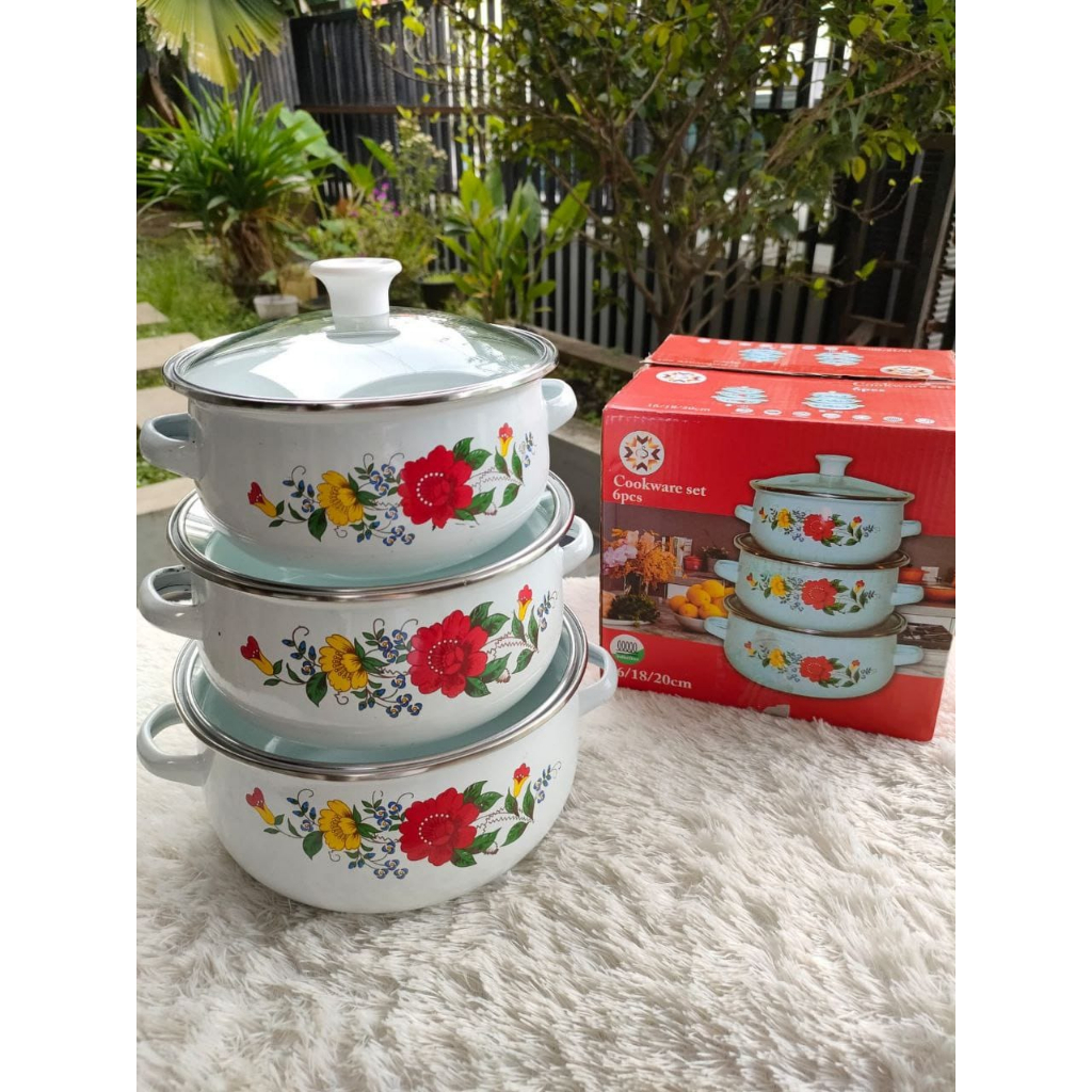 Jual Panci set enamel 3 susun+ tutup kaca/panci bunga/panci susun bunga ...