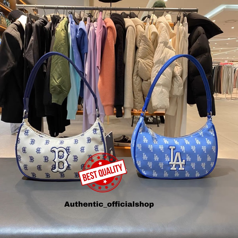 Jual Tas MLB LA Monogram White Blue Jacquard Hobo Bag | Shopee Indonesia