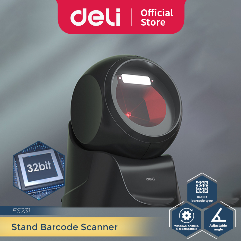 Jual Deli Stand Barcode Scanner 1D 2D LED Light Adjustable Angle ES231 ...