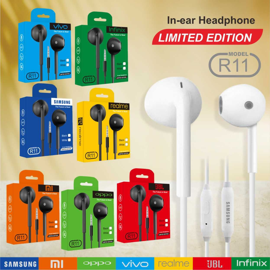 Jual HEADSET R11 PLUS MIC BRANDED EARPHONE / HANDSET / HANDSFREE JACK 3 ...