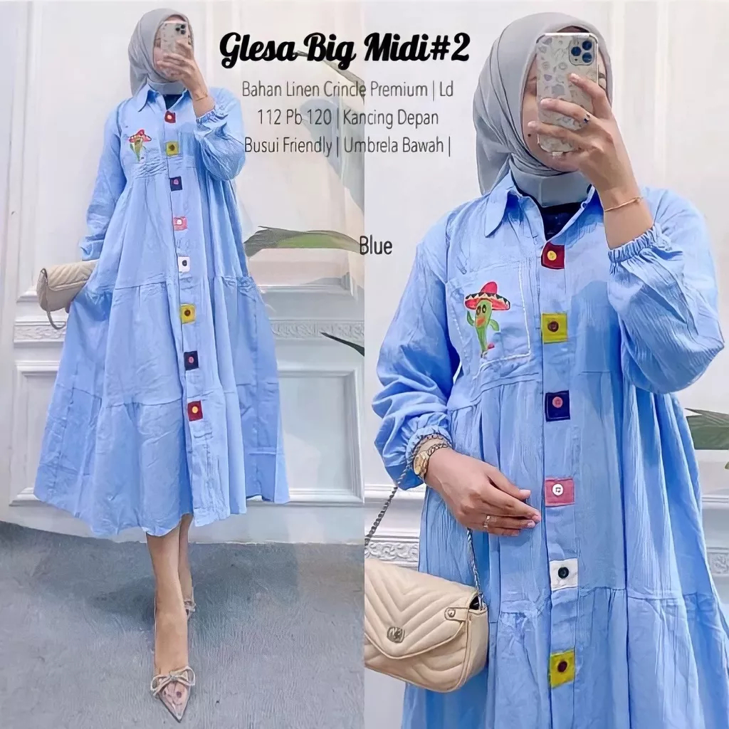Jual Zaleeya - Glesa Gamis Midi Dress Crinkle Premium Kancing Wanita ...