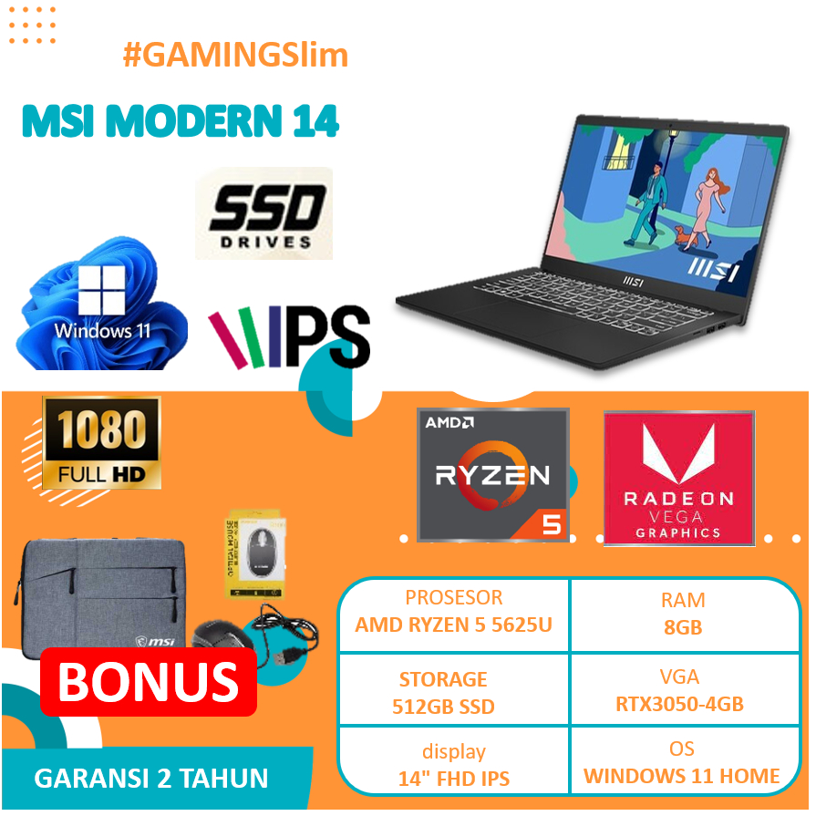 Jual MSI MODERN 14 RYZEN 5 5625U 8GB 512GB VEGA7 IPS CLASSIC BLACK ...