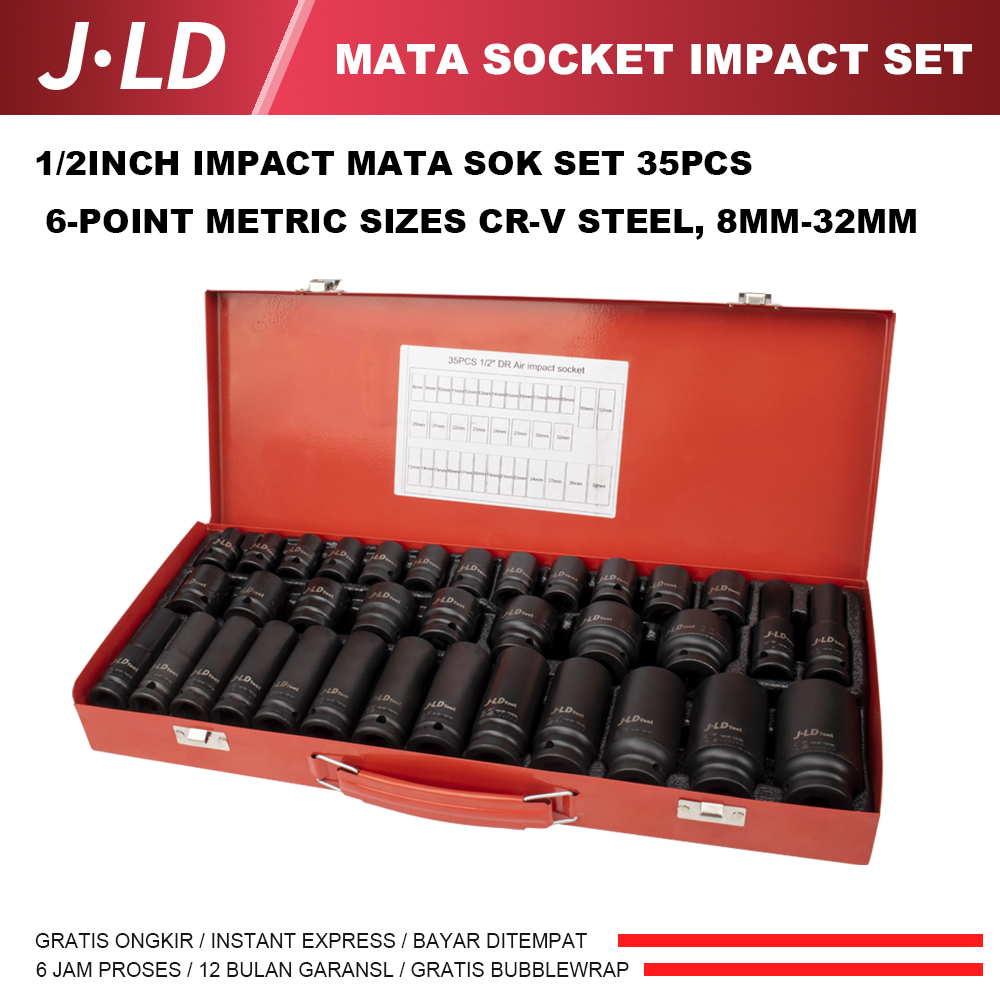 Jual JLD 35PCS Mata Kunci shock Impact 1/2'' 8-32mm Impact Socket - 6pt kunci sok set CR-V koper ...