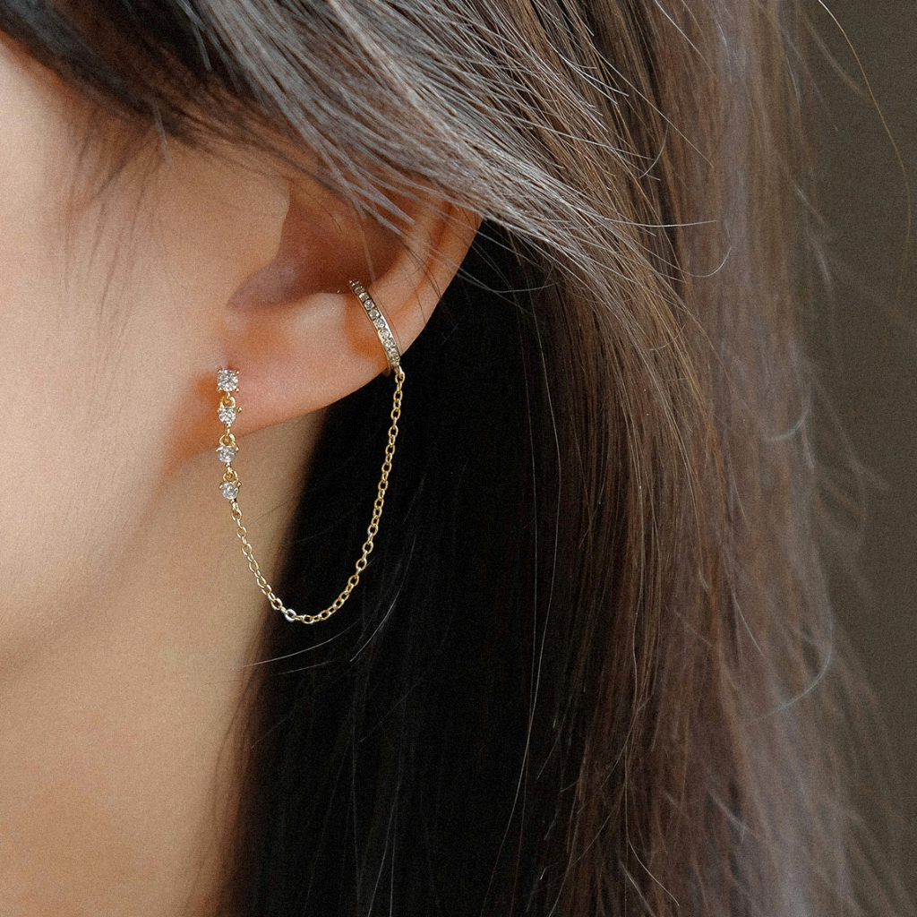Jual (1PC) Quad Drop Zirconia Ear Cuff Earring — 18K Gold Plated S925 ...