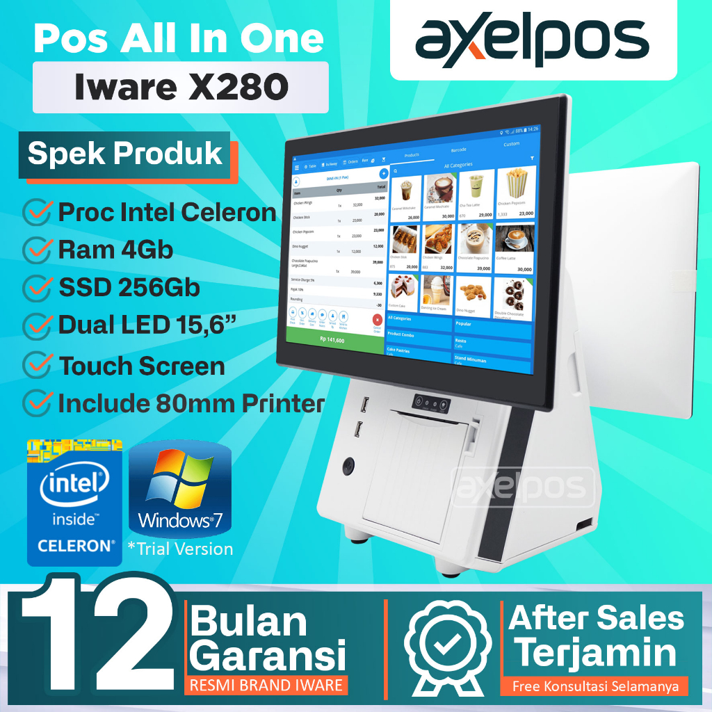 Jual Pos All In One Mesin Kasir Touchscreen Dual Screen Intel Celeron Ram 4Gb / Ssd 256Gb Iware ...