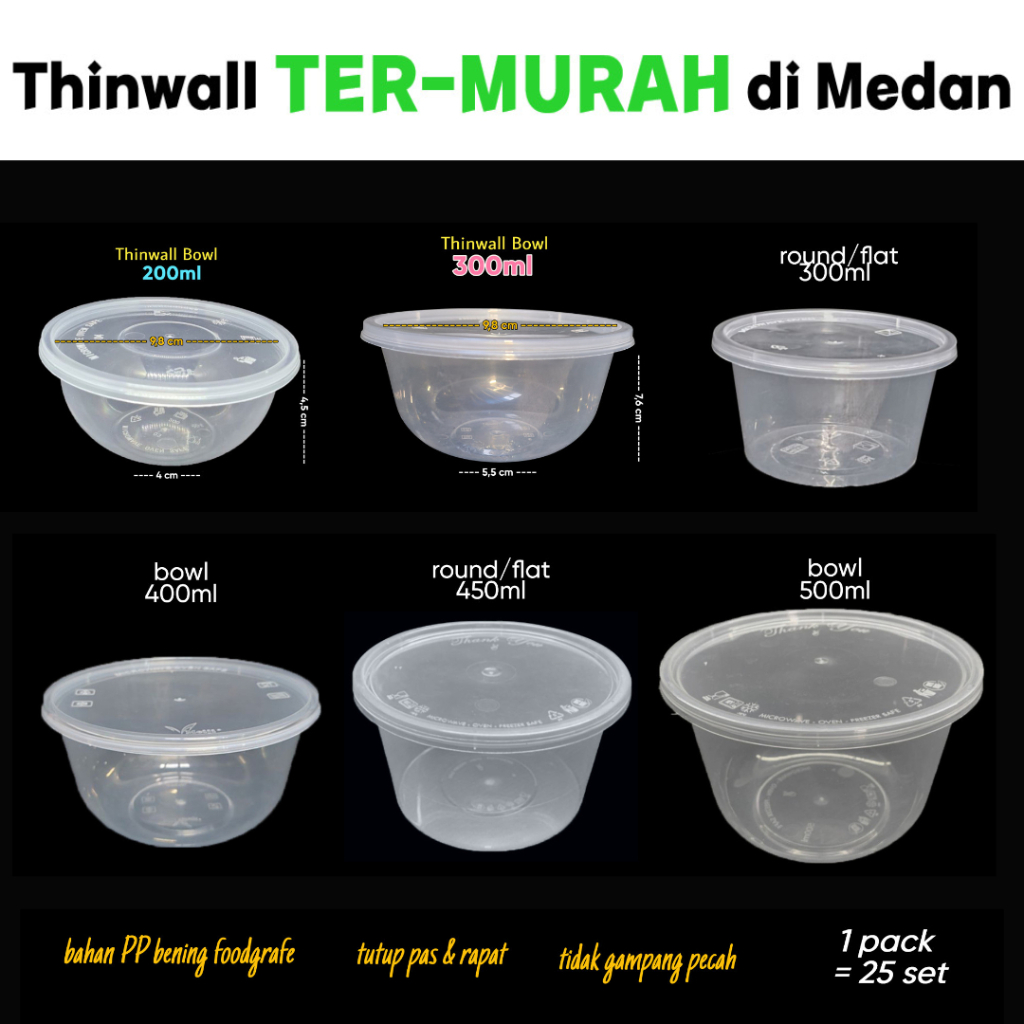 Jual Thinwall Mangkok Bowl Plastik Bulat Round Flat Datar 200ml 300ml 400ml 450ml 500ml 650ml ...