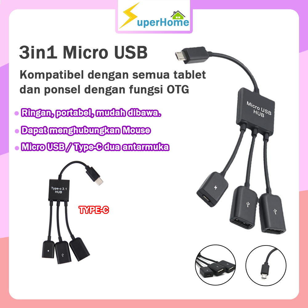 Jual Type-c / Micro USB 3in1 Ke 2 OTG 3 Port HUB Cable Splitter Micro-usb Type-c Adapter ...