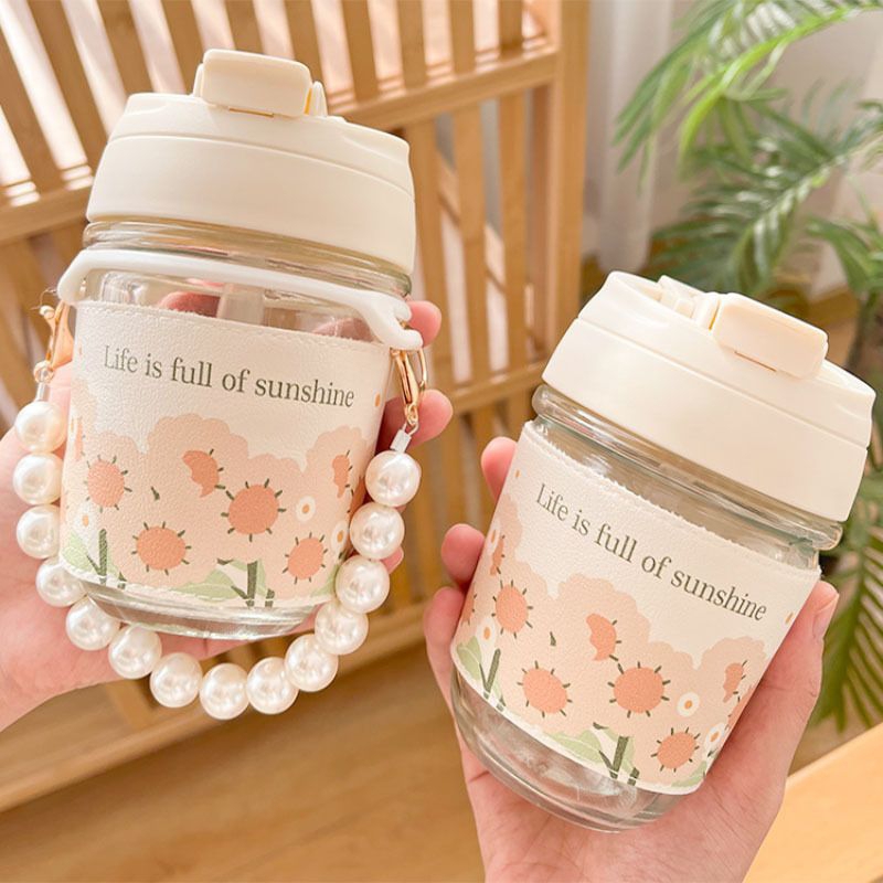 Jual Botol minum esthetik tumbler lucu botol kaca tali mineral | Shopee ...