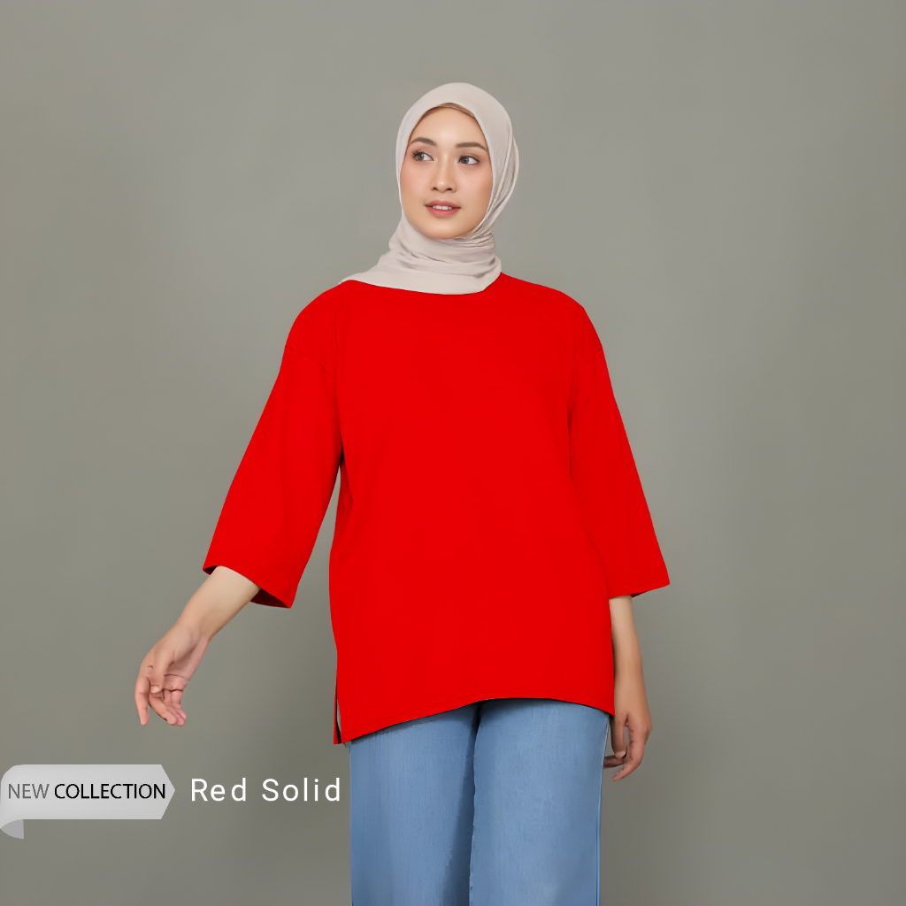 Jual Baju Kaos Polos Oversize Hijab Wanita Warna Merah Cabe Tangan 3/4 ...