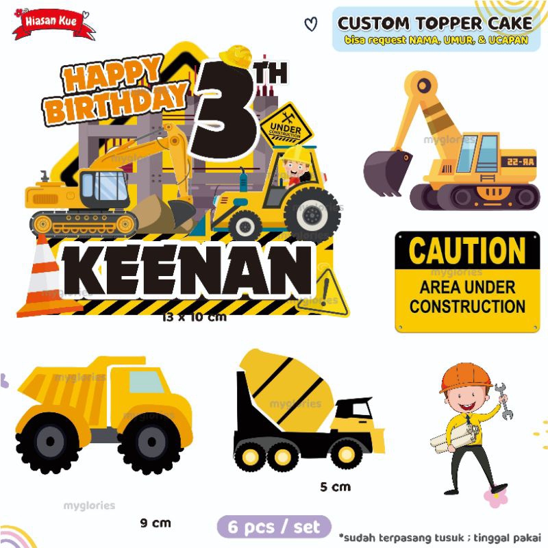 Jual [ CUSTOM NAMA UMUR ] Topper Cake Happy Birthday KONSTRUKSI ...