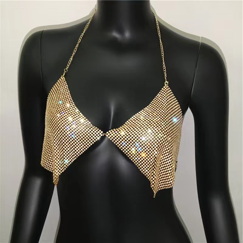Jual Summer Shiny Crystal Chain Tank Top Silver Metal Mesh Halter