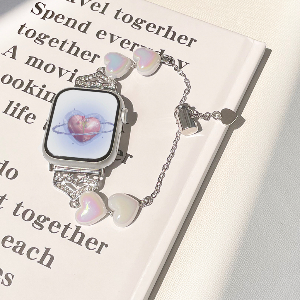 Jual Ladies Jewelry Strap for iWatch 3D Heart-shaped Chain Strap S8 7 ...