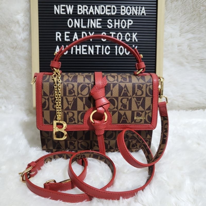 Jual tas bonia original sling bag top handle metis monogram lis merah ...