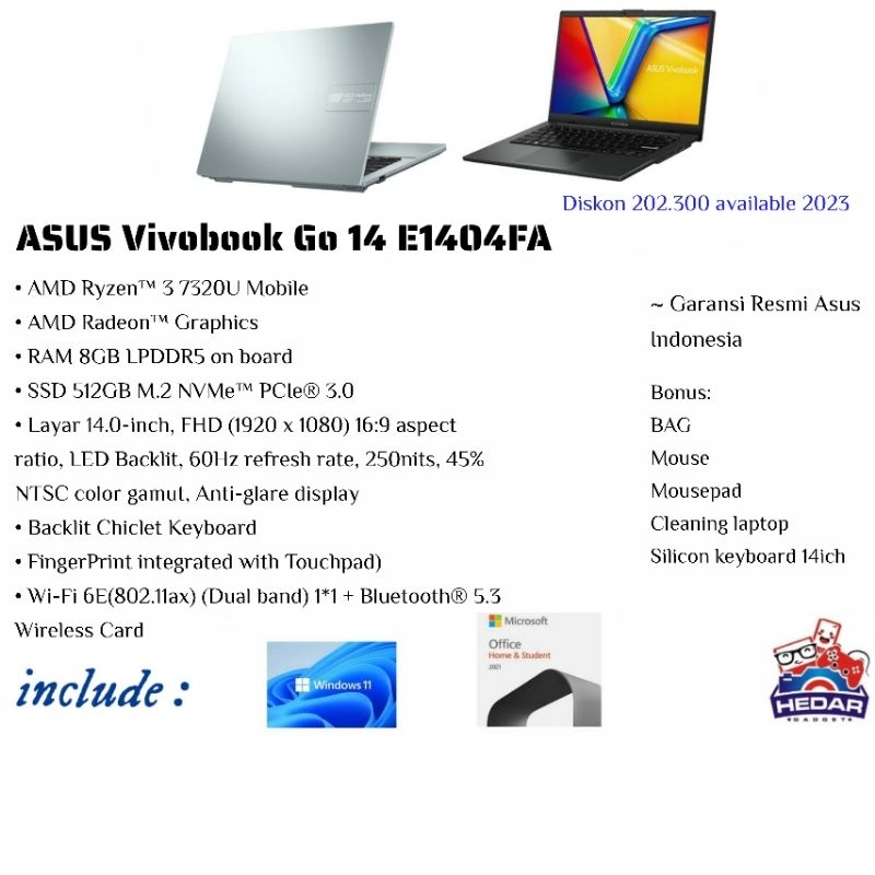 Jual Asus Vivobook Go 14 E1404FA RyZen 3 7320U 8GB 512GB W11 OHS FHD ...