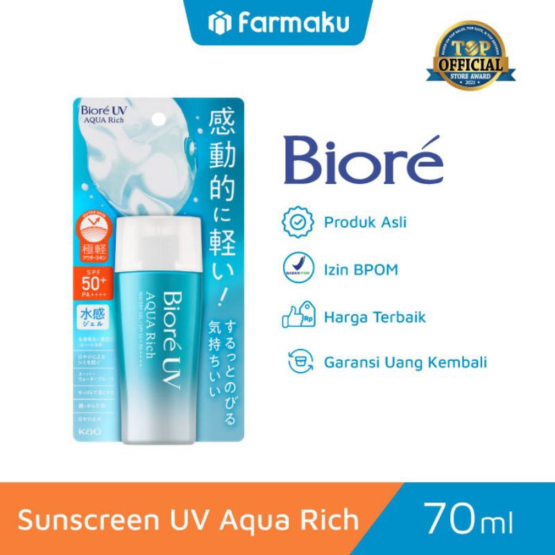 Jual Biore uv aqua rich watery gel sunscreen spf50+ PA++++ 70ML ...