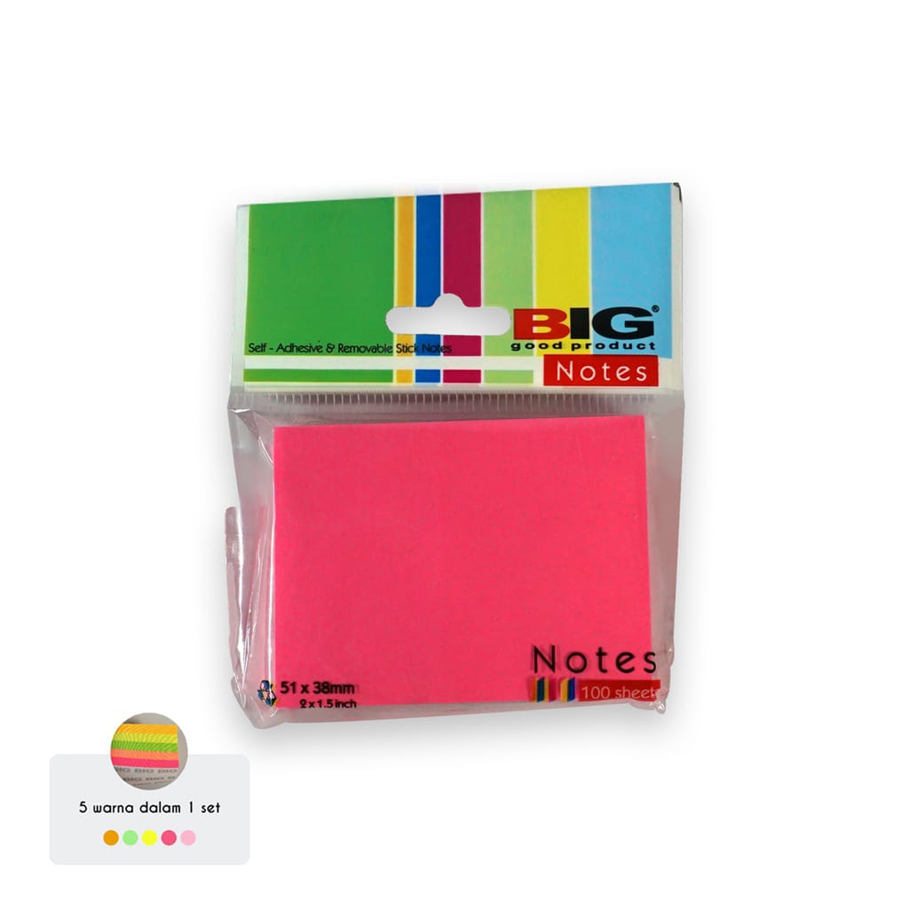 Jual STICK NOTE/NOTE KERTAS / MEMO TUMPUK MERK BIG 51X38 mm 5 WARNA ...
