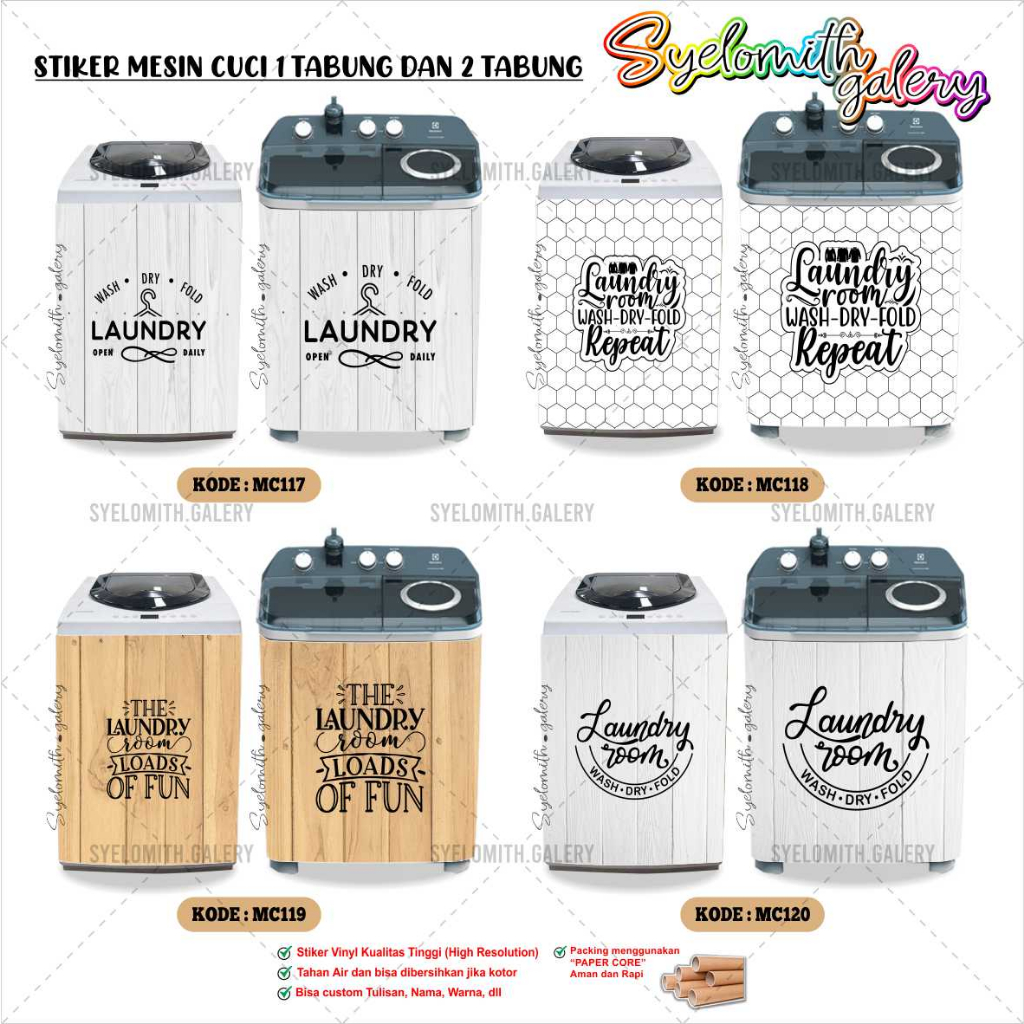 Jual Sticker Mesin Cuci 1 dan 2 Tabung Minimalis Monokrom Waterproof ...