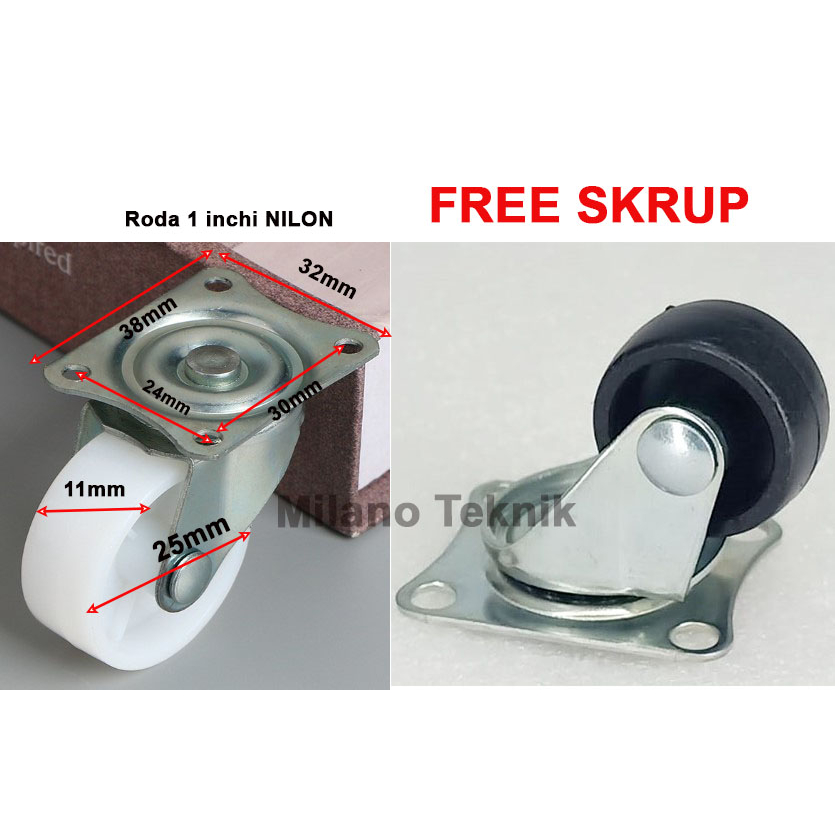 Jual Roda nilon 1 inch (Mati-Hidup-Rem) (Hitam - Putih) Kastor Plate ...