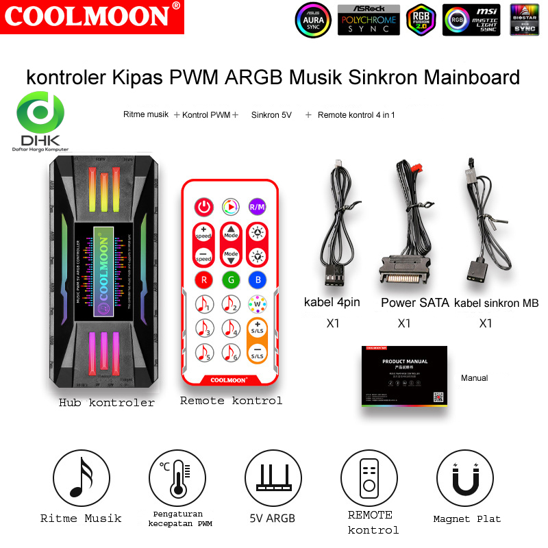 Jual Coolmoon Remote hub kontroler ARGB PWM FAN Sinkron Musik | Shopee ...