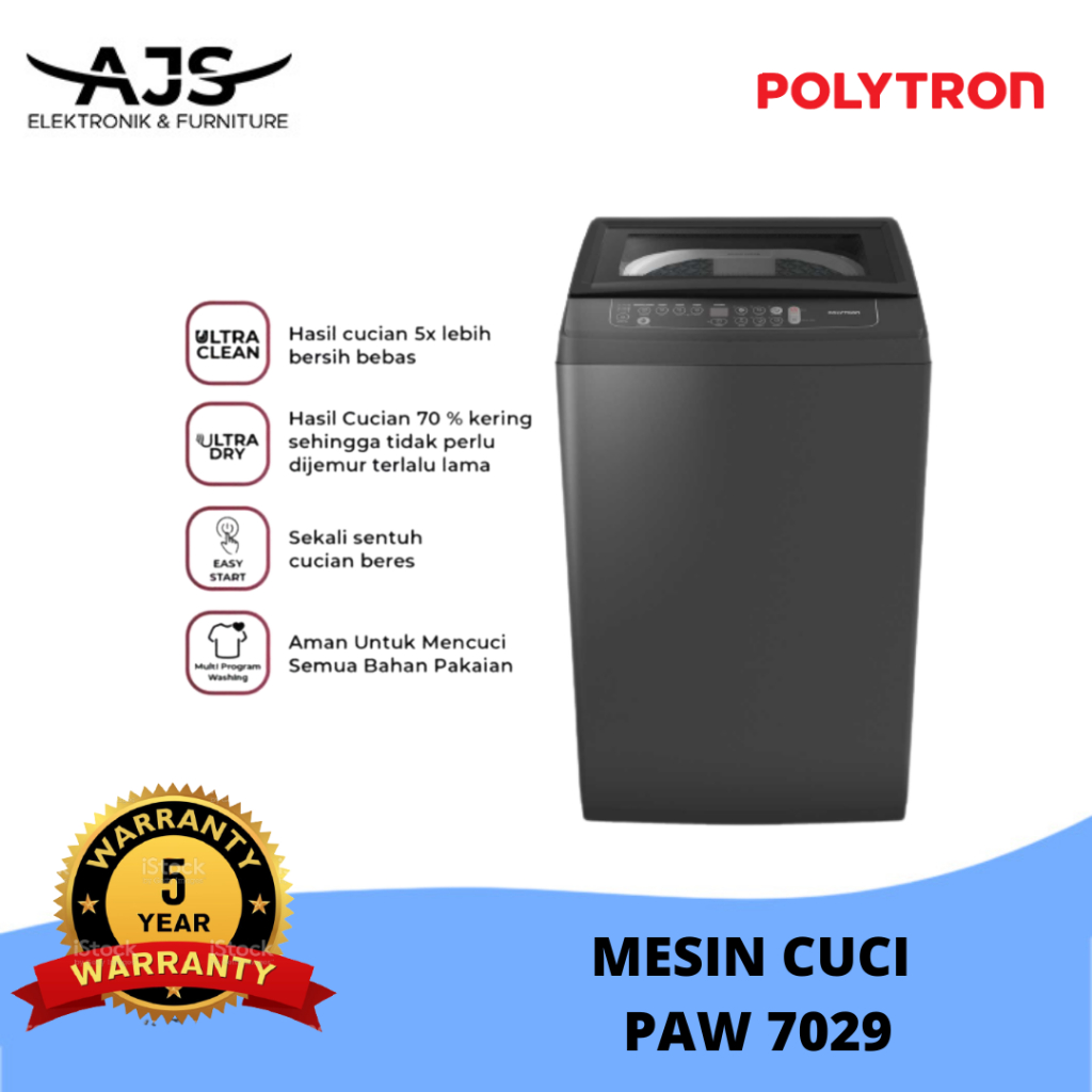 Jual MESIN CUCI 1 TABUNG POLYTRON PAW 7029 Y TOP LOADING 7 KG ZEROMATIC ...