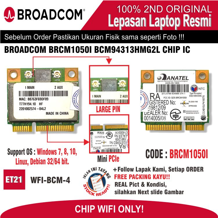 Jual ET21 WFI-BCM-4 Internal WiFi Card WiFi Chip Laptop Notebook Netbook BROADCOM BRCM1050I ...