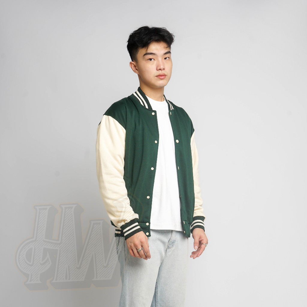 Jual Jaket Basebal Varsity Kancing Coklat Tangan Cream Polos Pria dan ...