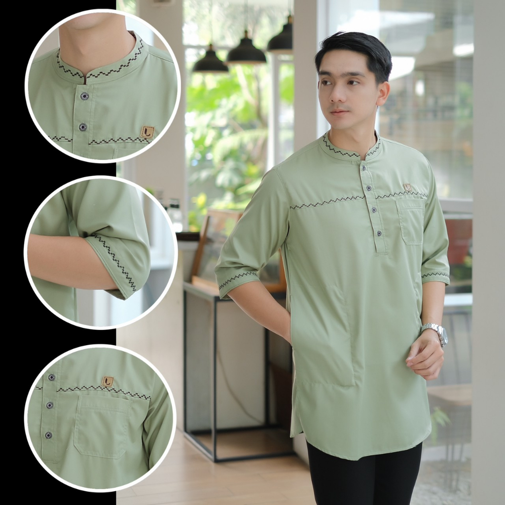 Jual Luthfi Baju Koko Pria Lengan 3/4 Embordir Toyobo Fodu Hijau Sage ...