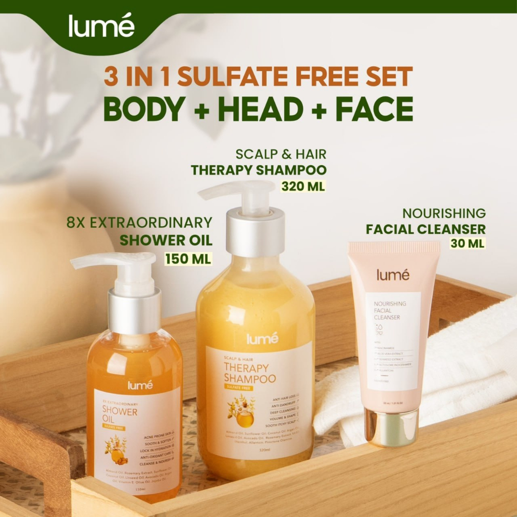 Jual LUME PAKET 3 IN 1 SHAMPOO SHOWER OIL FACIAL CLEANSER LUMECOLORS ...