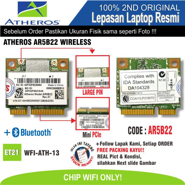 Jual ET21 WFI-ATH-13 Internal WiFi Card WiFi Chip Laptop Notebook ...