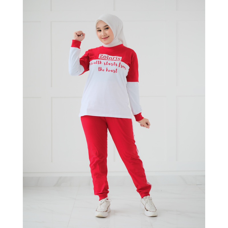 Jual SETELAN BAJU OLAHRAGA WANITA MUSLIM MERAH PUTIH - ONE SET MUSLIM ...