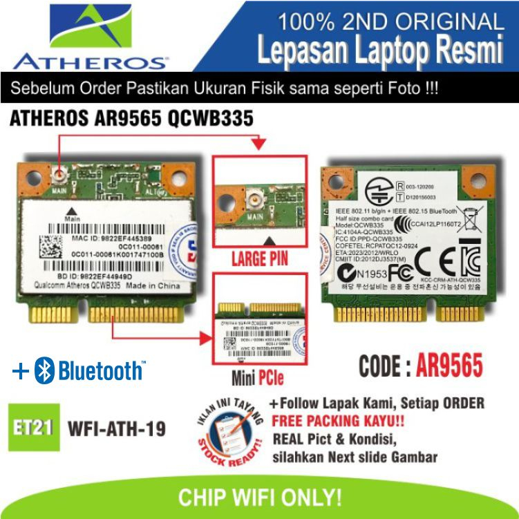 Jual ET21 WFI-ATH-19 WIFI CHIP LAPTOP ATHEROS AR9565 QCWB335 | Shopee Indonesia