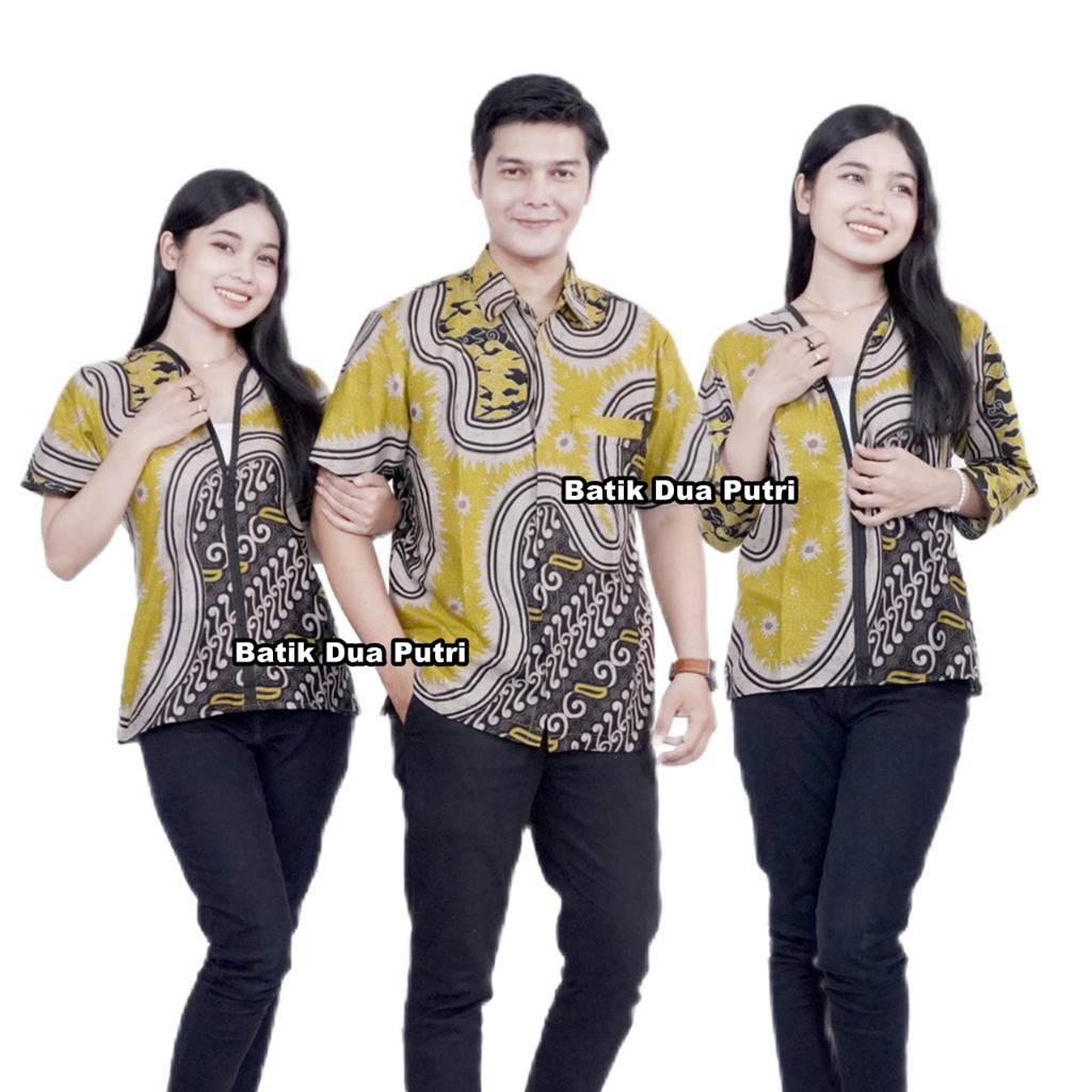 Jual Batik Couple Modern Warna Kuning Kombinasi Hitam Berseleting Depan ...