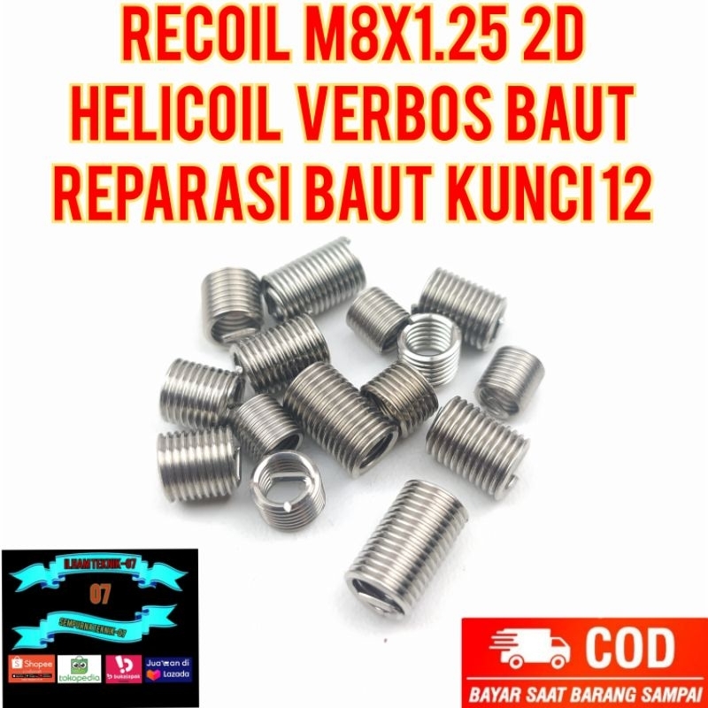 Jual 10pcs Recoil m8x1.25 2D helicoil verbos baut reparasi baut kunci12 ...