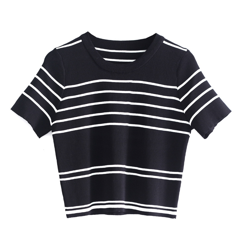 Jual The Monseur Gallery Kaos Rajut Lengan Pendek Wanita Import Knit Crop Top Striped T-shirt ...