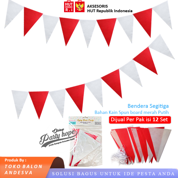 Jual ( isi 12 ) Bendera segitiga kain merah putih spunbond / bunting flag hut ri / bunting flag ...