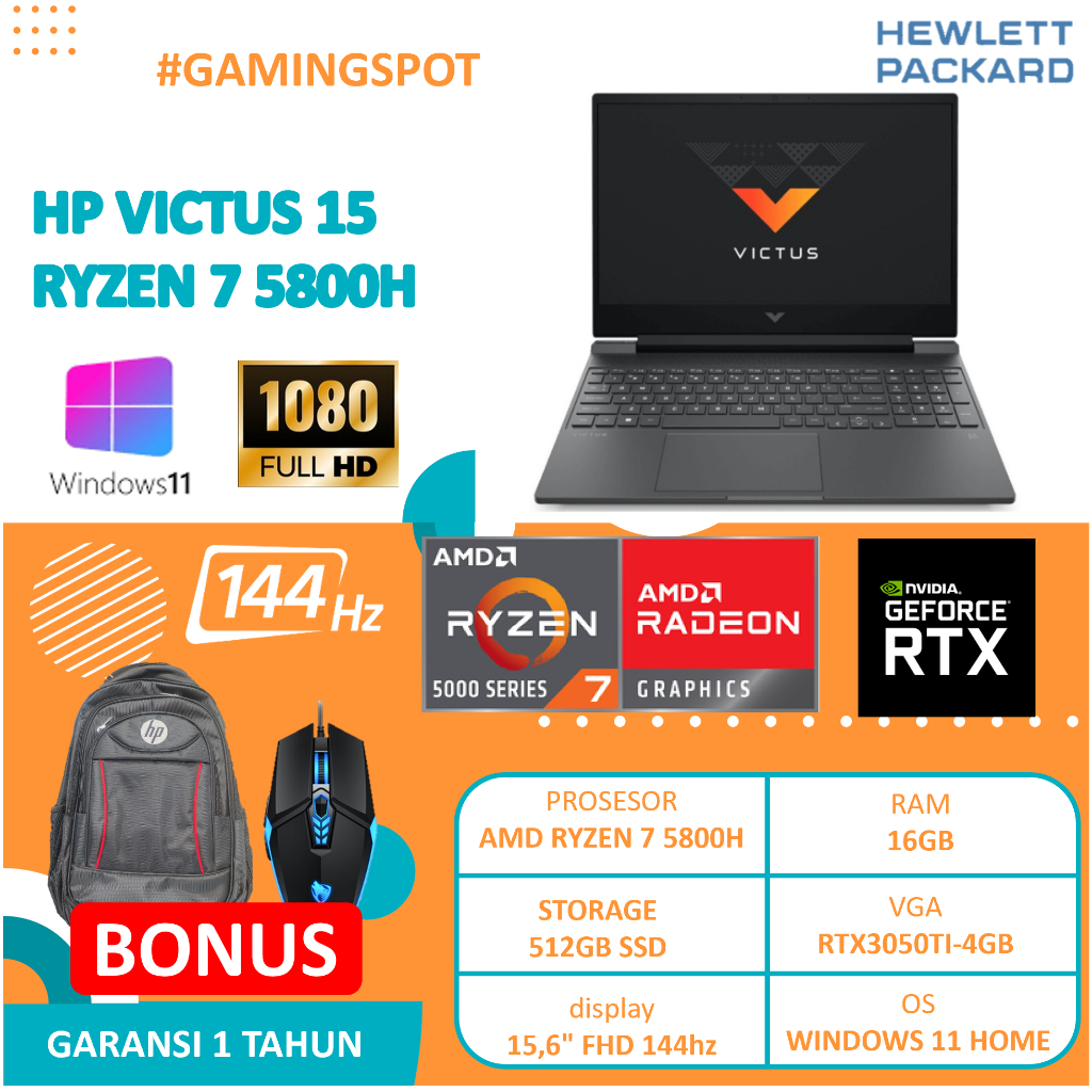 Jual LAPTOP GAMING HP VICTUS 15 RYZEN 7 5800H 16GB RTX3050TI 4GB BLACK ...