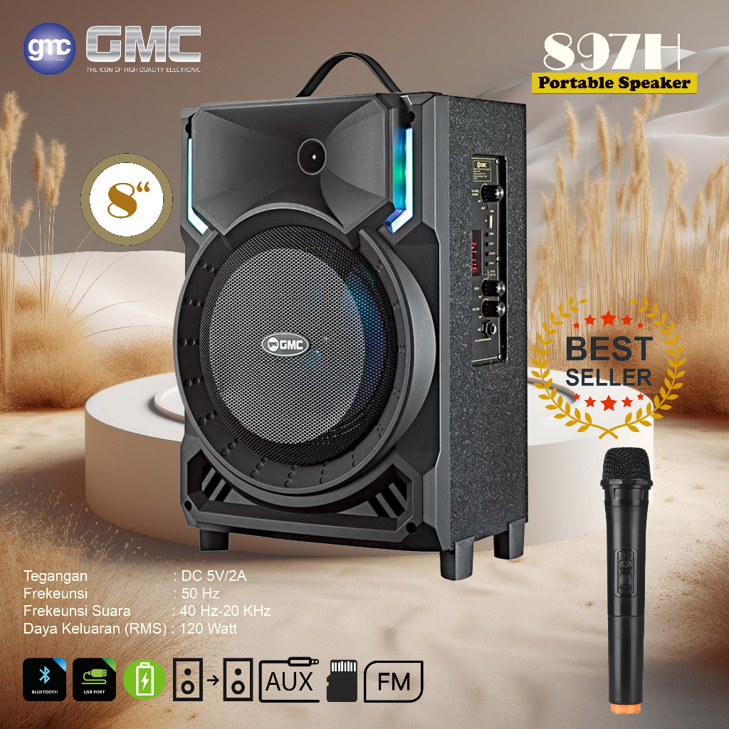 Jual Speaker Besar Bluetooth Portable GMC 897H 8 inch SNI Karaoke Free ...
