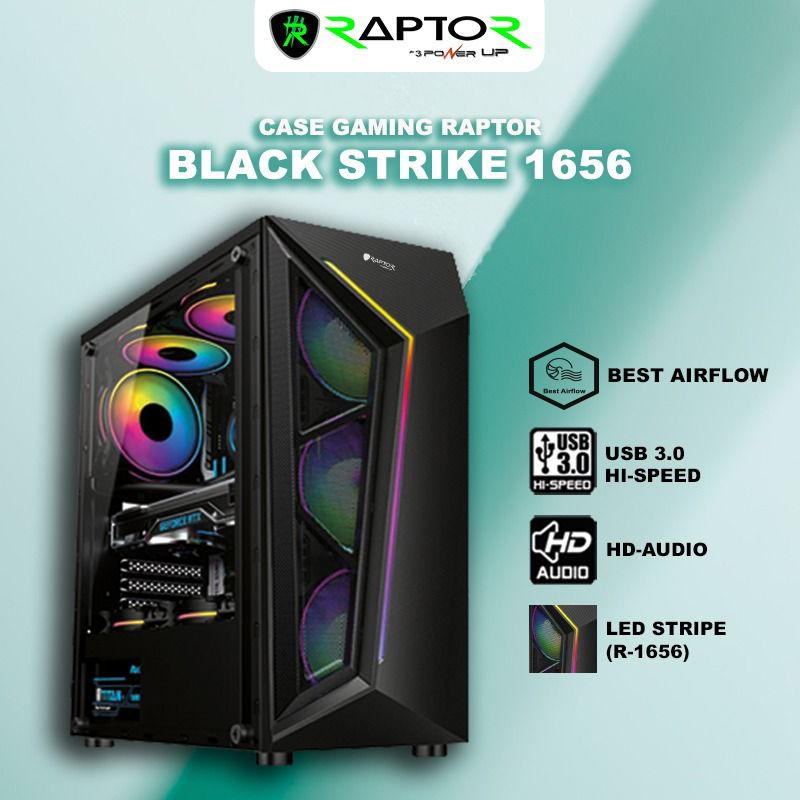 Jual Casing PC gaming Raptor Black Strike 1656 LED Stripe + 3 Fan RGB ...