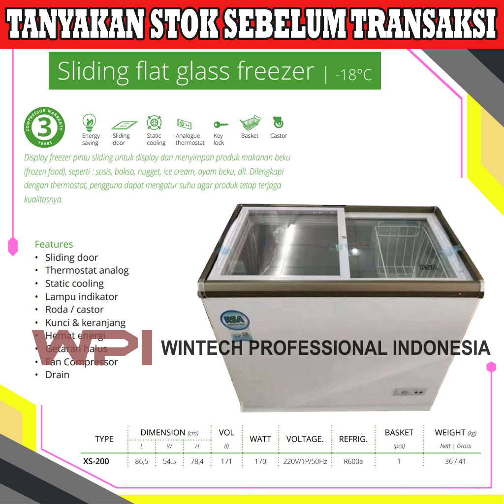 Jual RSA XS-200 XS200 XS 200 Kulkas Pemajang Es Krim Sliding Flat Glass ...