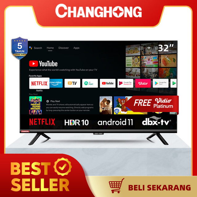 Jual Changhong 32 Inch Newest Android 11 Frameless Smart TV Digital LED TV HD (L32G7N)-Netflix ...