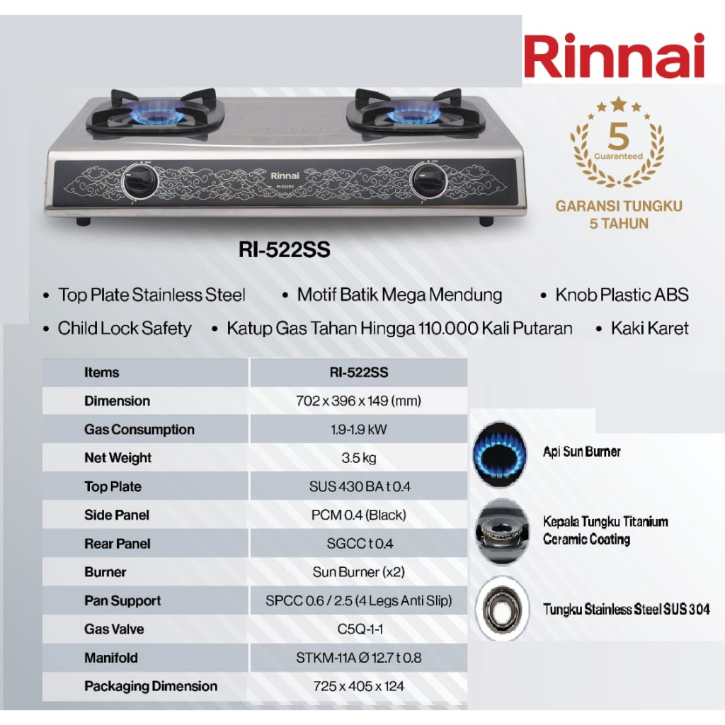 Jual RINNAI KOMPOR GAS 2 TUNGKU RI-522 SS STAINLESS STEEL GARANSI RESMI ...