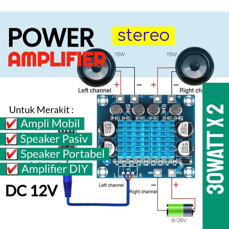 Jual Power Ampli Rakitan TPA3110 12V 30 Watt x 2 Modul Mudah Dirakit ...